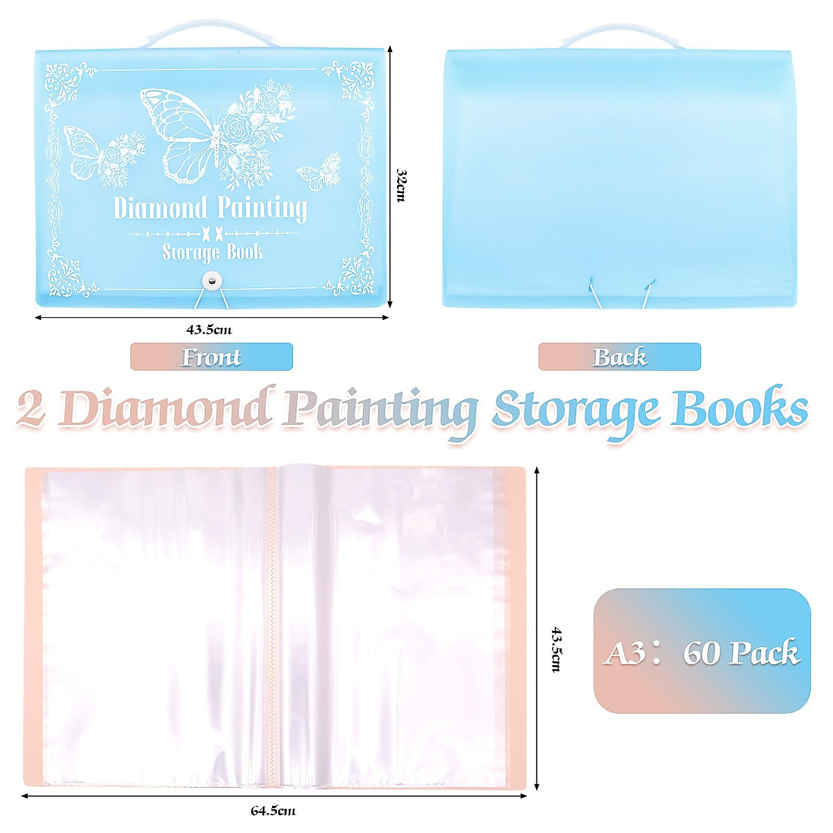 ZYNERY 2 Pack A3 Diamond Painting Storage Book Handheld, 60 Pages Diamond Art Portfolio, Large Diamond Art Storage Folder Suitable for 12x16 inch Diamond Painting (Pink + Blue)