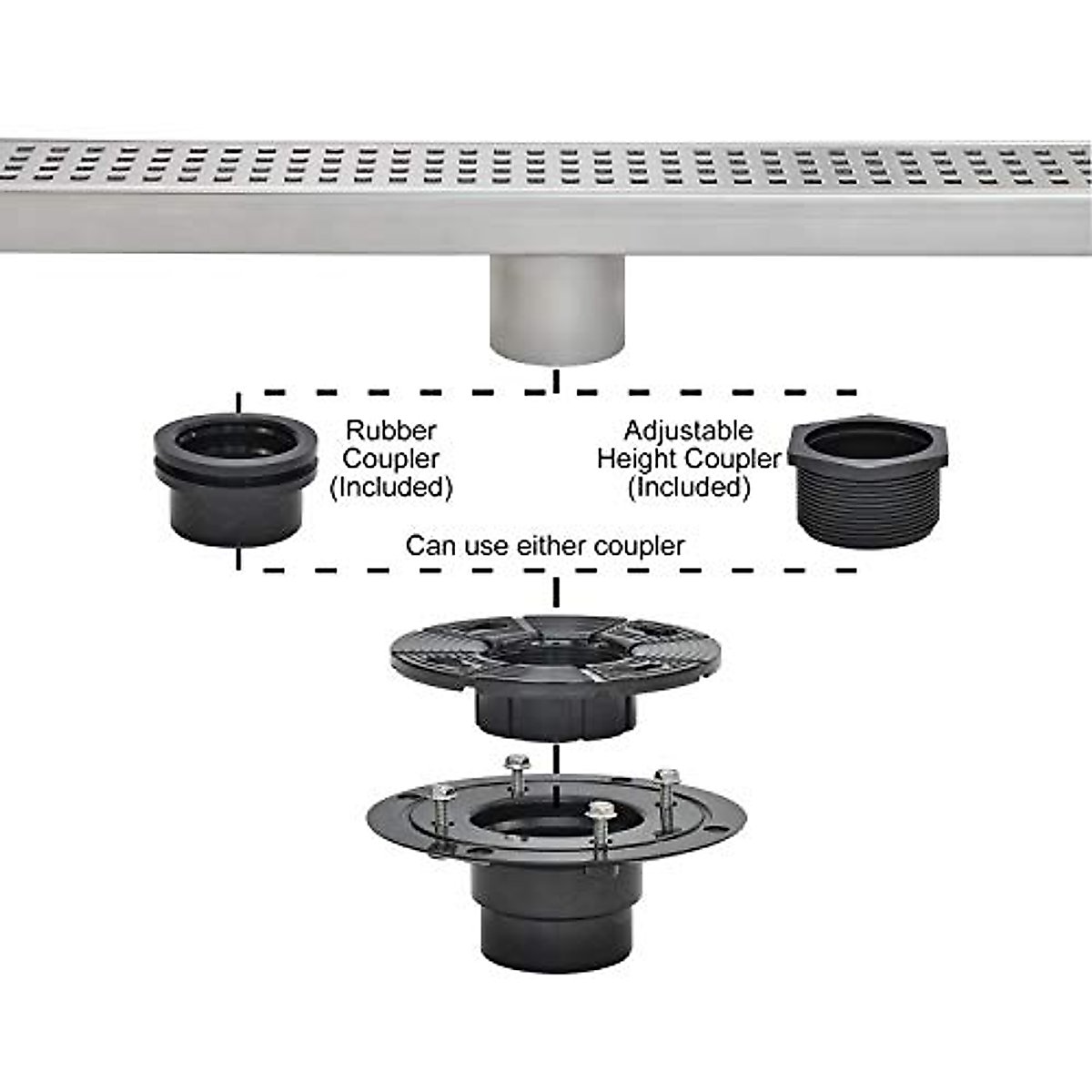 SaniteModar 2-in ABS Shower Drain Base can be Used with Any Size of Square and Linear Floor Shower Drain,It is Equipped with Threaded Joints and Rubber Joints