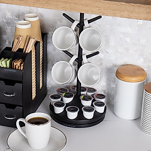 Mind Reader Single Serve Coffee Pod Organizer & Mug Tree, 12 pod and 4 Mug Capacity, Countertop, 9" L x 9" W x 17.75" H, Black