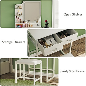 ALEXNUTRE Makeup Vanity Desk with Mirror and Lights, Small Vanity with Fabric Storage Drawer & Chair & Shelves, White Vanity with Fold-up Panel and Power Outlet for Bedroom