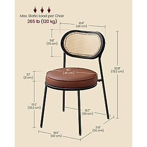 VASAGLE Dining Chairs, Set of 2 Dining Room Chairs with Boho PE Rattan Back, Synthetic Leather Upholstered Accent Chairs for Kitchen Living Room, Coffee Brown ULDC160K02V1