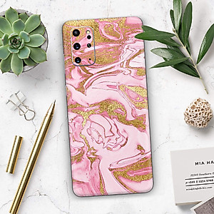 DesignSkinz Rose Pink Marble & Digital Gold Frosted Foil V17 Protective Vinyl Decal Wrap Skin Cover Compatible with The Samsung Galaxy S20 (Screen Trim & Back Glass Skin)