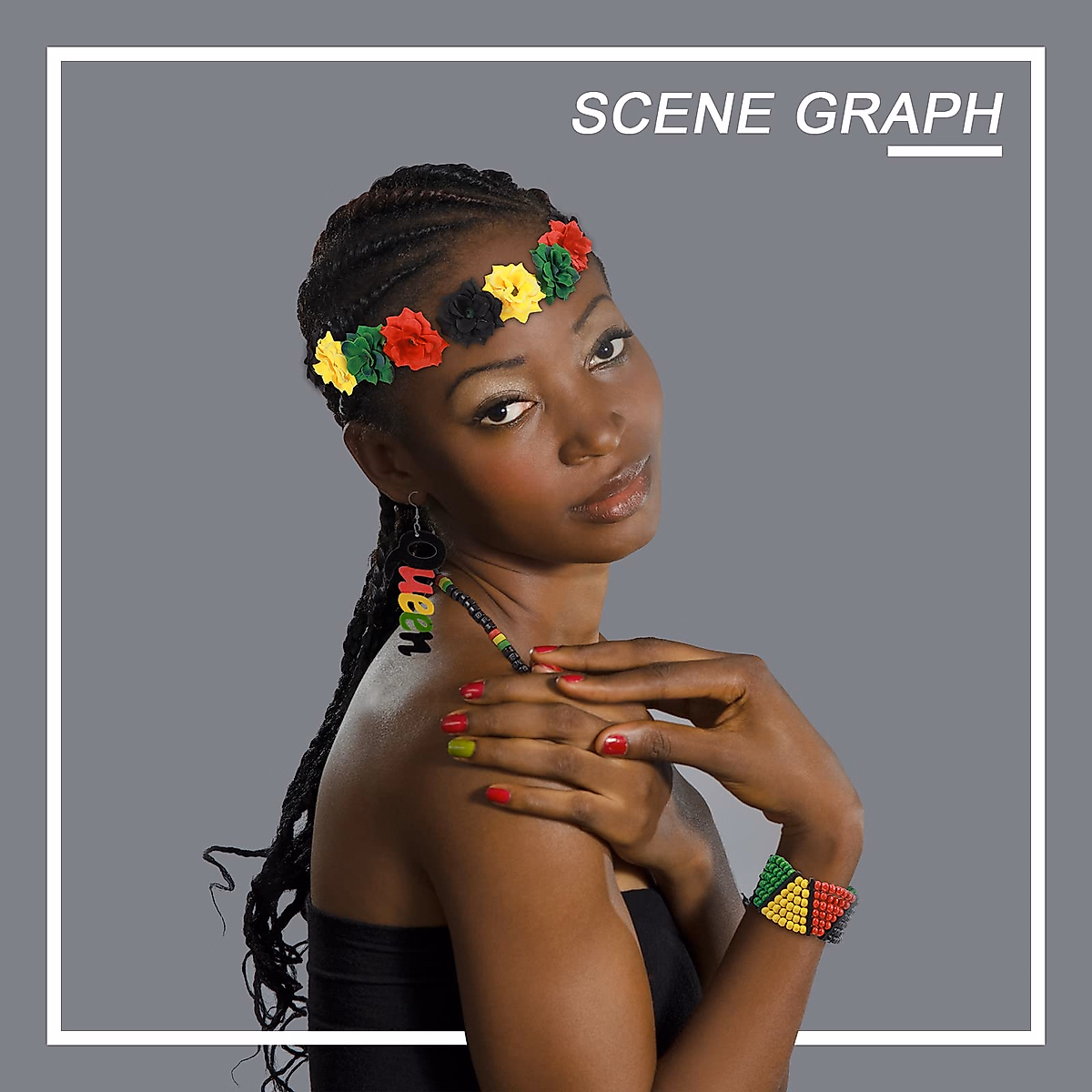 Jexine 4 Pieces Multicolor Beaded Jamaican Bracelet Wood Dangle Pierced Earrings Floral Flower Crown Stretch Headband Rasta Beads Necklace