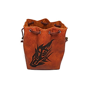 Brown Leather Lite Large Dice Bag with Wolf Design - Brown Faux Leather Exterior with Lined Interior - Stands Up on its Own and Holds 400 16mm Polyhedral Dice