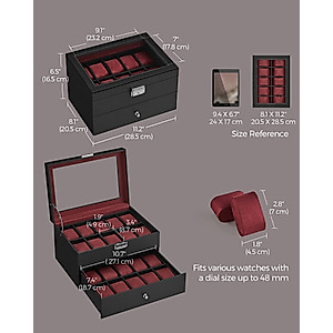 SONGMICS 20-Slot Watch Box, Watch Case with Glass Lid, 2 Layers, Lockable Watch Display Case, Black Synthetic Leather, Wine Red Lining UJWB020R01