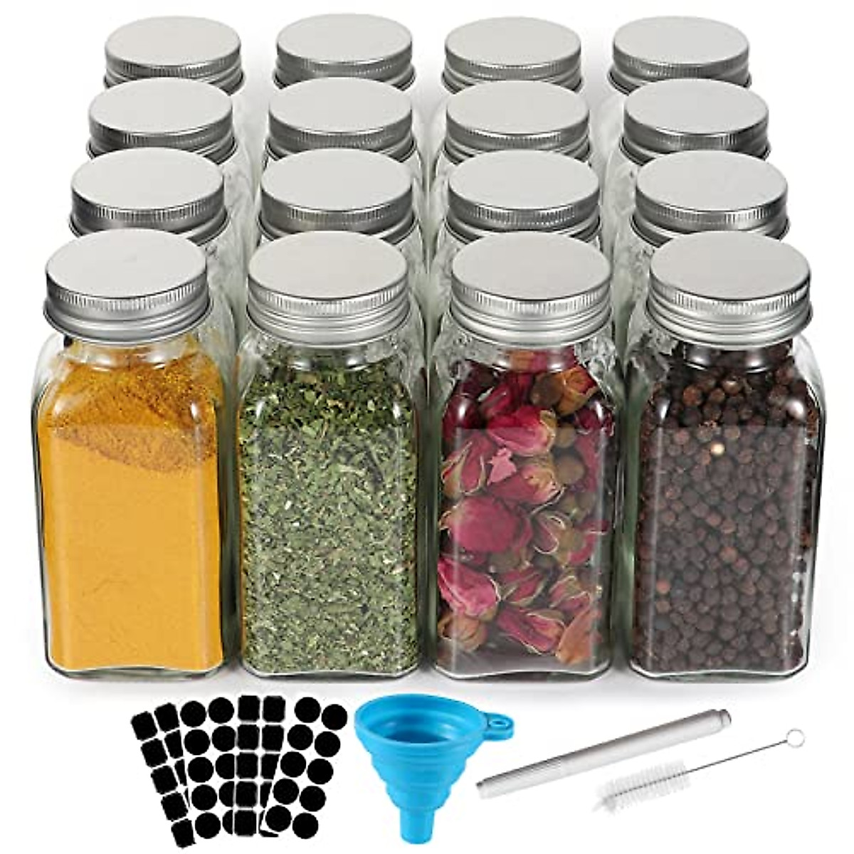 16 Pack 6 oz Glass Spice Jars with 80 Black Labels,180ml Empty Square Spice Containers Seasoning Bottles with Silver Caps and Shaker Lids for Kitchen Storage(Chalk Marker,Funnel and Brush include)