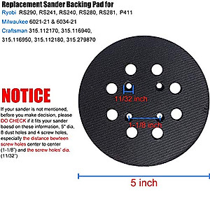 5-Inch Hook and Loop Backing Pad Replacement Sander Pad for Ryobi RS290, RS280, P411, Milwaukee 6021-21 & 6034-21, Craftsman 315.112170,315.116940