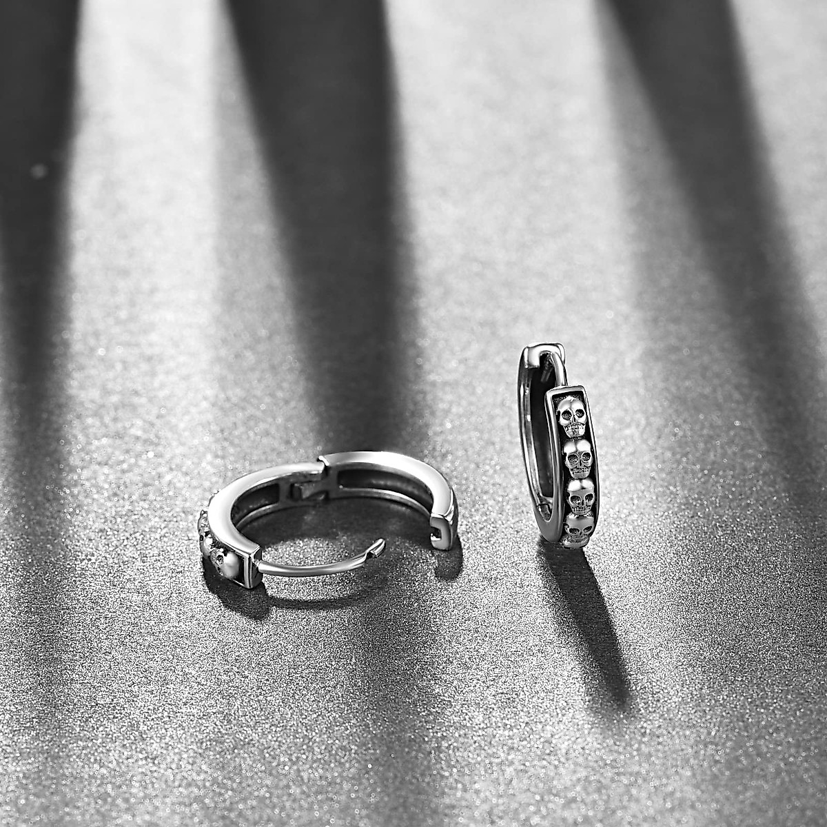 Skull Earrings for Women Men 925 Sterling Silver Black Hoop Earrings Hypoallergenic Huggie Hoop Men Earrings