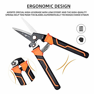 VANJOIN Heavy Duty Scissors, 9 Inch Multipurpose Carpet Cutting Scissors with Finely Serrated, Steel Shears Spring Loaded Snips for industry home for Copper Wire, Cardboard, Fabric, Tree Branches