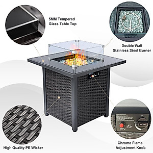 8-Piece Outdoor Rattan Wicker Patio Furniture Set with 28" Gas Fire Pit Table, Coffee Table, Armless Seats, Corner Seats, and Cushions Included, Outdoor Sectional Furniture, Coffee/Beige