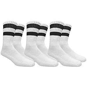 Running Mate Men's Stripe Crew Socks - 3 Pairs (White w/ Black Stripes)