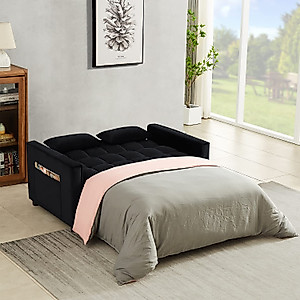 JEEOHEY Sleeper Sofa Couch w/Pull Out Bed, 55" Modern Velvet Convertible Sleeper Sofa Bed, Small Love seat Sofa Bed with 2 Pillows & Side Pockets for Small Space, Living Room, Apartment, Black