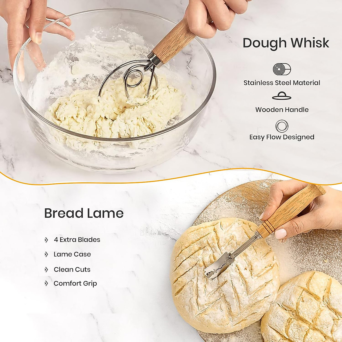 Jims Goods Bread Banneton Proofing Basket Set W/9 Inch Round & 10 Inch Oval Banneton Basket, Homemade Bread Sourdough Starter Kit W/Lame + Lame Case, Dough Scrapper & Whisk, Linen Liner (Set of 2)