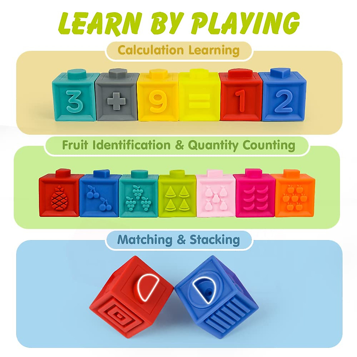 Woby 16 PCS Baby Blocks Soft Building Blocks Baby Toys Teethers Toy Stacking Bath Toys Learning Toys with Numbers Animals Fruits for Infants Toddlers Age 6 to 12 Months Up