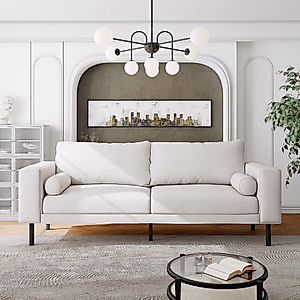 Feonase 88" Sofa Couch, Mid-Century Modern Sofa for Living Room, Loveseat with 4 Side Storage Pockets & 2 Pillows, Heavy-Duty Metal Frame, Beige