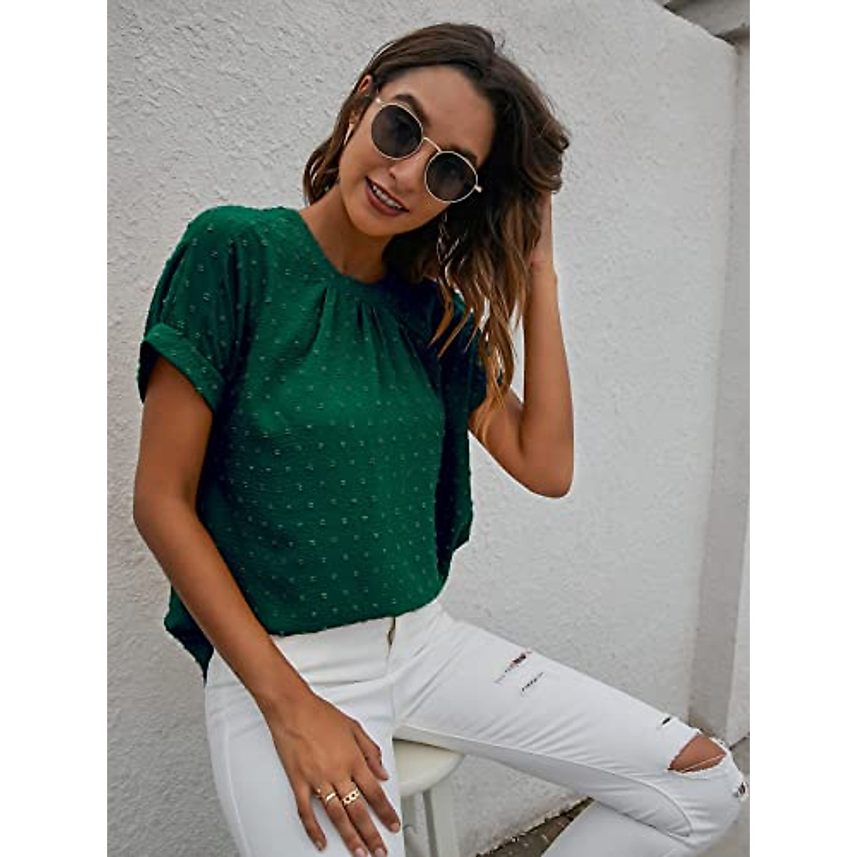 Milumia Women's Casual Swiss Dots Chiffon Ruffle Front Short Sleeve Work Office Blouse Top Green Large