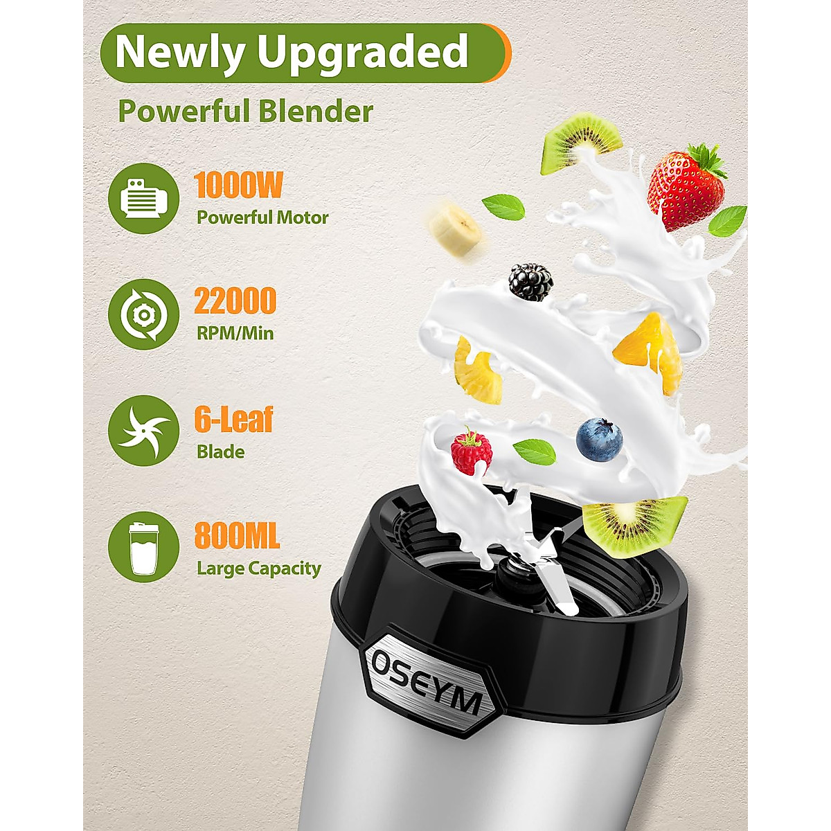 OSEYM Blender for Shakes and Smoothies, Large Size Personal Blenders for Kitchen Max 1000W High Power with Blending and Grinding, Countertop Blenders with 2 * 27 Oz & 10 Oz BPA Free Travel Cup and Lid