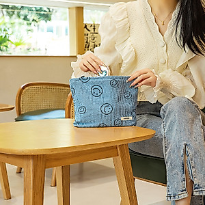 GUTGNK Makeup bag for Women, Corduroy Cosmetic Bag Aesthetic Design Ladies Tote Bag,Cute Smiley Face Makeup Organizer with Zipper - Blue