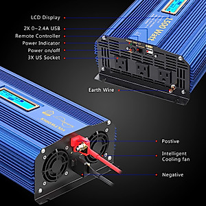 1500W Pure Sine Wave Power Inverter DC 12v to AC 110V-120V with Remote Control LCD Display and 2x2.4A Dual USB Ports 3 AC Outlets for Home RV Truck by VOLTWORKS