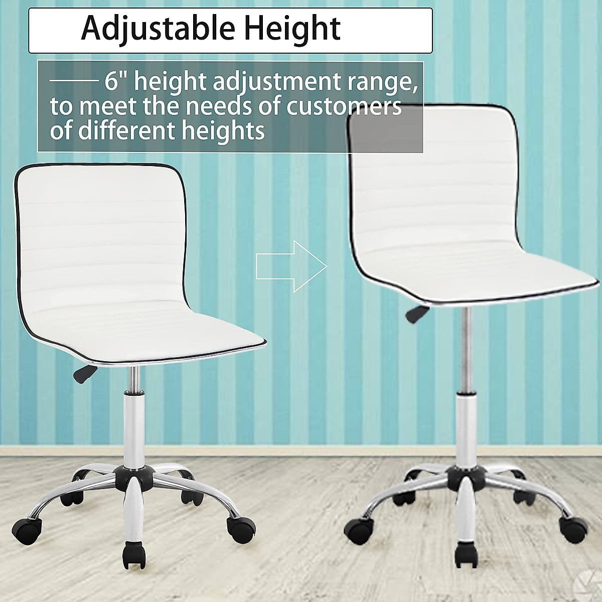 Pazidom Low Back Desk Chair Armless Leather Swivel Office Chair Adjustable Computer Task Chair, Vanity Chair for Makeup Room/Bedroom, White