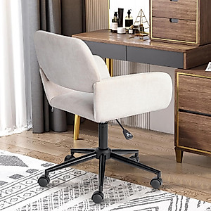 FurnitureR Home Office Chair, Mid Back Fabric Upholstered Vanity Desk Chairs with Rolling Wheels, Adjustable Study Chair Task Chair for Living Room, Bedroom, Small Spaces - Beige