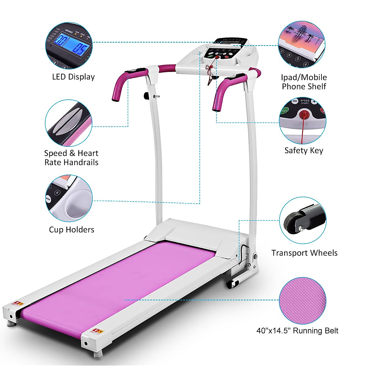 Goplus 800W Folding Treadmill Electric Motorized Power Fitness Running Machine with LED Display and Mobile Phone Holder Perfect for Home Use (Pink)
