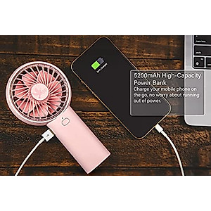 NEW! Mini Handheld Fan, USB Power Bank 5,200mAh, Small Personal Portable fan, Powerful 4 Speeds, Rechargeable Desk Fan, Eyelash Fan for Makeup, Angle adjustable, Kids Girls Women Men Indoor Outdoor Traveling. (Pink)
