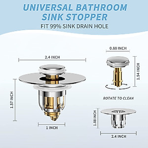 Universal 2 in 1 Bathroom Sink Stopper, Pop Up Bathroom Sink Drain Strainer with Anti-Clogging Filter Basket, Bathroom Drain Stopper Sink Plug for 1.06"-1.65" Basin Drain Holes