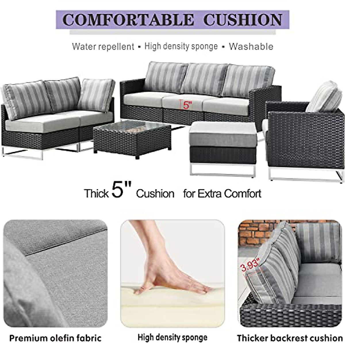 XIZZI Patio Furniture Set Outdoor Sectional Sofa 8 Pieces No Assembly Required Conversation Sets All Weather PE Rattan Wicker Couch with Coffee Table and Ottoman,Dark Grey Stripes