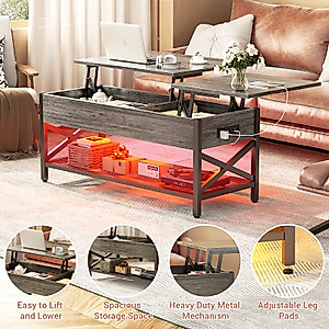 Besiost Coffee Table, Lift Top Coffee Table with Storage, LED Light & Power Outlet and Hidden Compartment, Retro Center Table for Living Room, X Support Wood Tabletop, Metal Frame, Black Oak