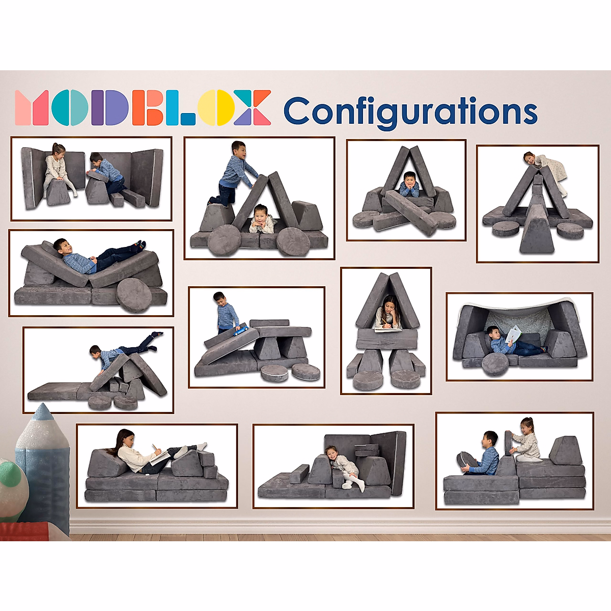 Mod Blox 10 Piece Soft Modular Kids Play Couch for Boys and Girls ｜ Child Sectional Fort Building Sofa for Toddlers Playroom with Microsuede Covers + High Density Convertible Foam Cushions (Dark Gray)