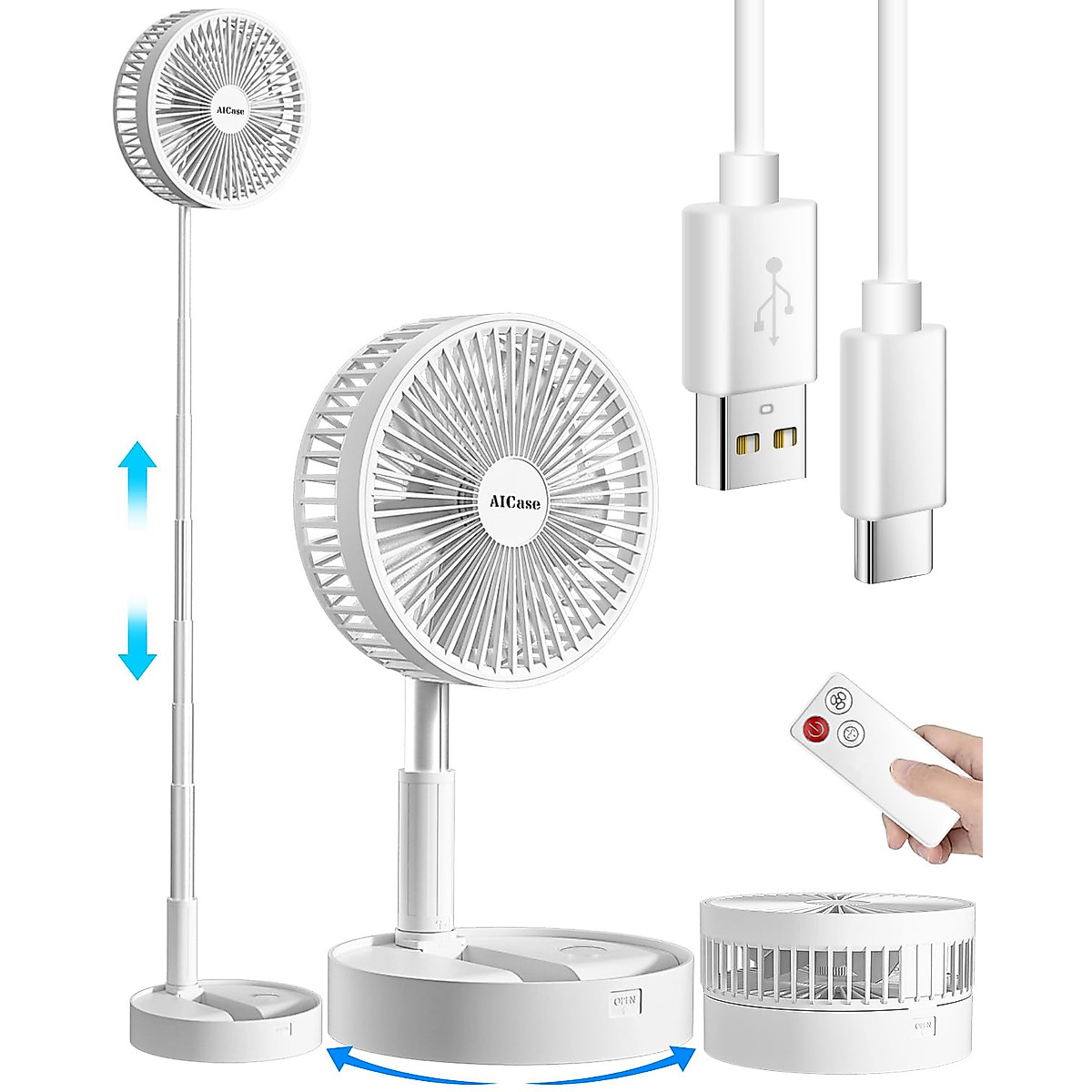 AICase Stand Fan,Folding Portable Telescopic Floor/USB Desk Fan with 7200mAh Rechargeable Battery,4 Speeds Super Quiet Adjustable Height and Head Great for Office Home Outdoor Camping