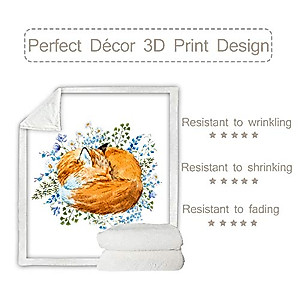 Sleepwish Watercolor Sleeping Fox Throw Blanket Red Fox Sherpa Blanket Watercolor Animals Art Reversible Soft Fleece Blanket for Couch Sofa and Bed Throw(50"x60")