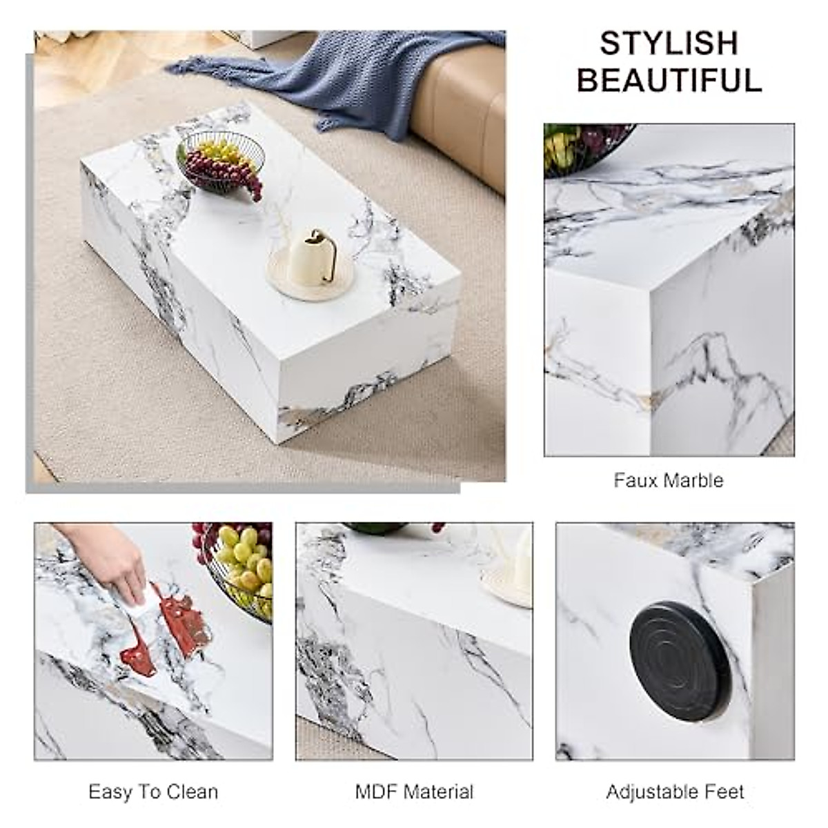 Maotifeys White Marble Coffee Table for Living Room Rectangular Faux Marble Center Table Modern Elegant Wooden Cocktail Table for Home Office -Fully Assembled