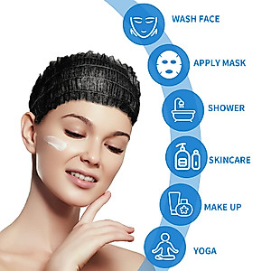 100 Pieces Disposable Headbands Soft Non Woven Facial Spa Headbands Cloth Stretch Skin Care Hair Band Salon Makeup Sauna Supplies Individually Packaged for Women Girls, Black