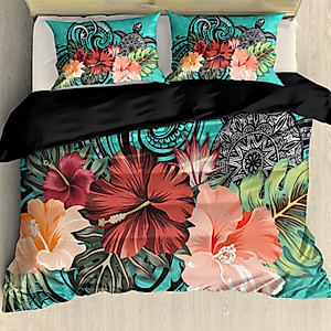 gearider Tropical Hibiscus Floral Pattern Duvet Cover Set, Turtle Washed Bedding Set, Polynesian Style Soft Comfy Duvet Cover, Size King