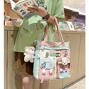 Aesthetic Messenger Bag with Kawaii Pins and Pendant for Women Cute Crossbody Bag Shoulder Tote Bag Casual Handbag(Pink &Green, One Size)