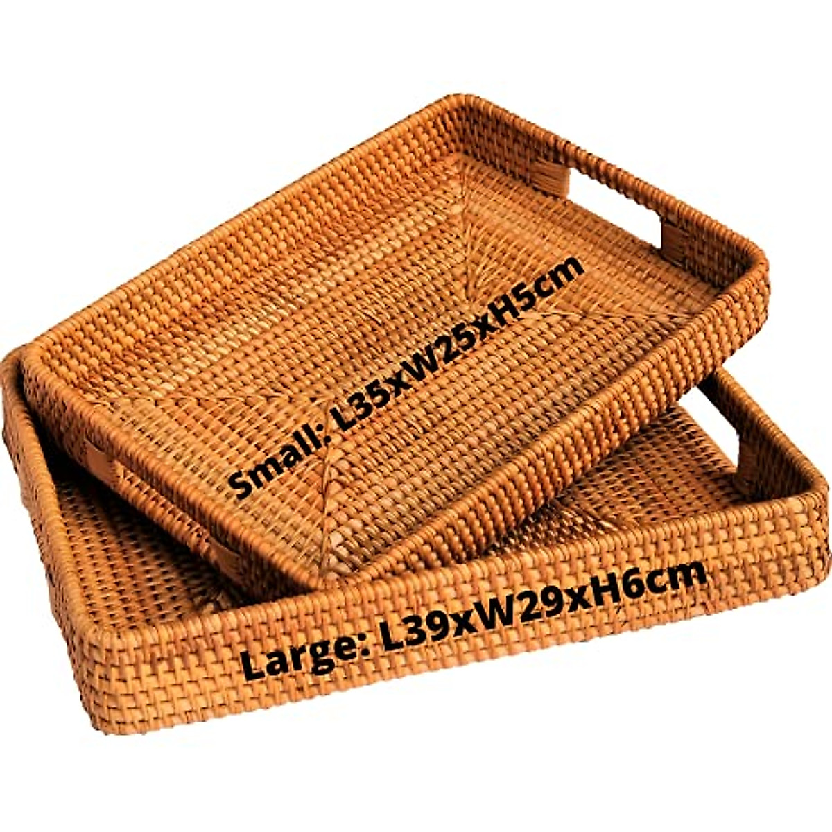 Rectangular Wicker Serving Tray-Set of 2- w/Inbuilt Handles-Handmade Woven Rattan Storage Basket-Decorative Coffee Tabletop Tray-Boho Flat Bathroom Organizer-(L- 15.4"x2.4" M- 13.7"x 2")