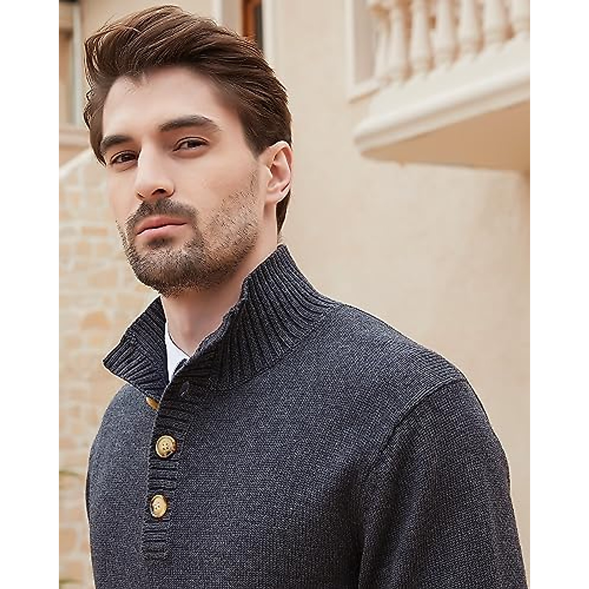 Kallspin Men's Pullover Sweater Wool Midweight Mock Neck Quarter-Button Long Sleeve Pullover(Charcoal Large)