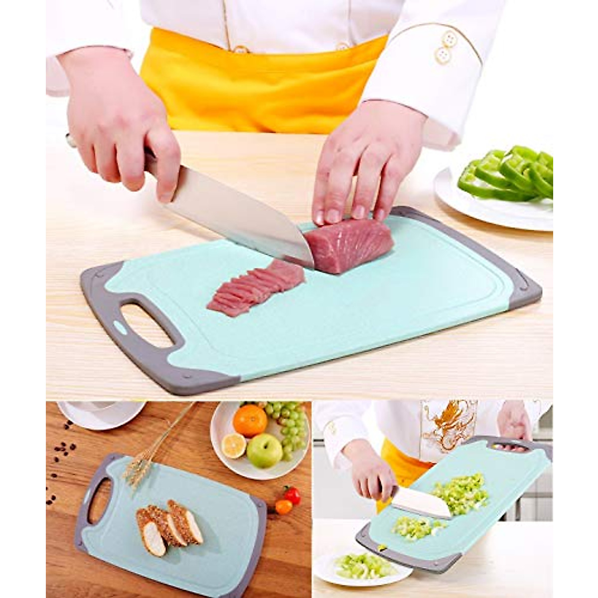 FLYINGSEA Cutting Boards For Kitchen, Anti-Skid Eco-Wheat Straw Vegetable Board Set (3 Pcs), Dishwasher Safe (Light green)