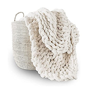 Chunky Knit Throw Blanket Soft Luxury Chenille Yarn Blanket for Farmhouse Boho Decor,Handmade Tight Braided Thick Cable Knit Throw for Bed,Couch,Beige,50x60.