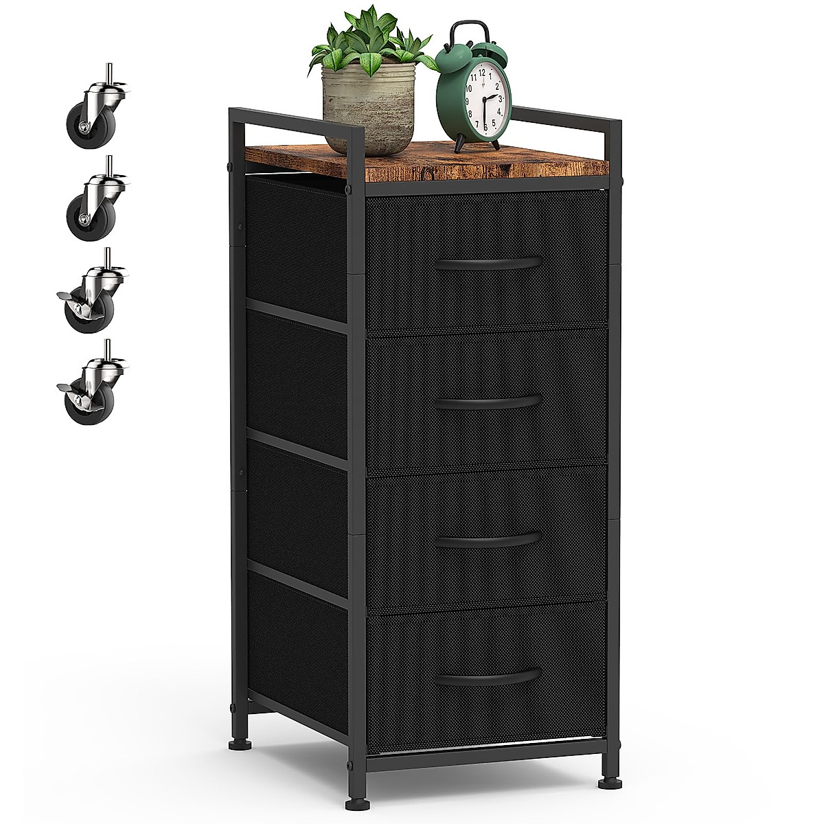 NOVIMANGO Dresser with 4 Drawers Fabric Storage Dresser Small Chest of Drawers for Bedroom Tall Dresser for Closet Nightstand Dresser with Wheels for Living Room, Closet, Nursery Room, Black