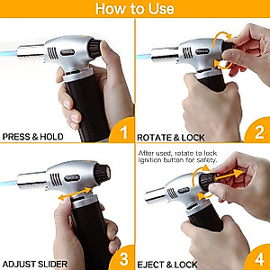 Culinary Blow Torch, Tintec Chef Cooking Torch Lighter, Butane Refillable, Flame Adjustable (MAX 2500°F) with Safety Lock for Cooking, BBQ, Baking, Brulee, Creme, DIY Soldering & more (Aluminum alloy)