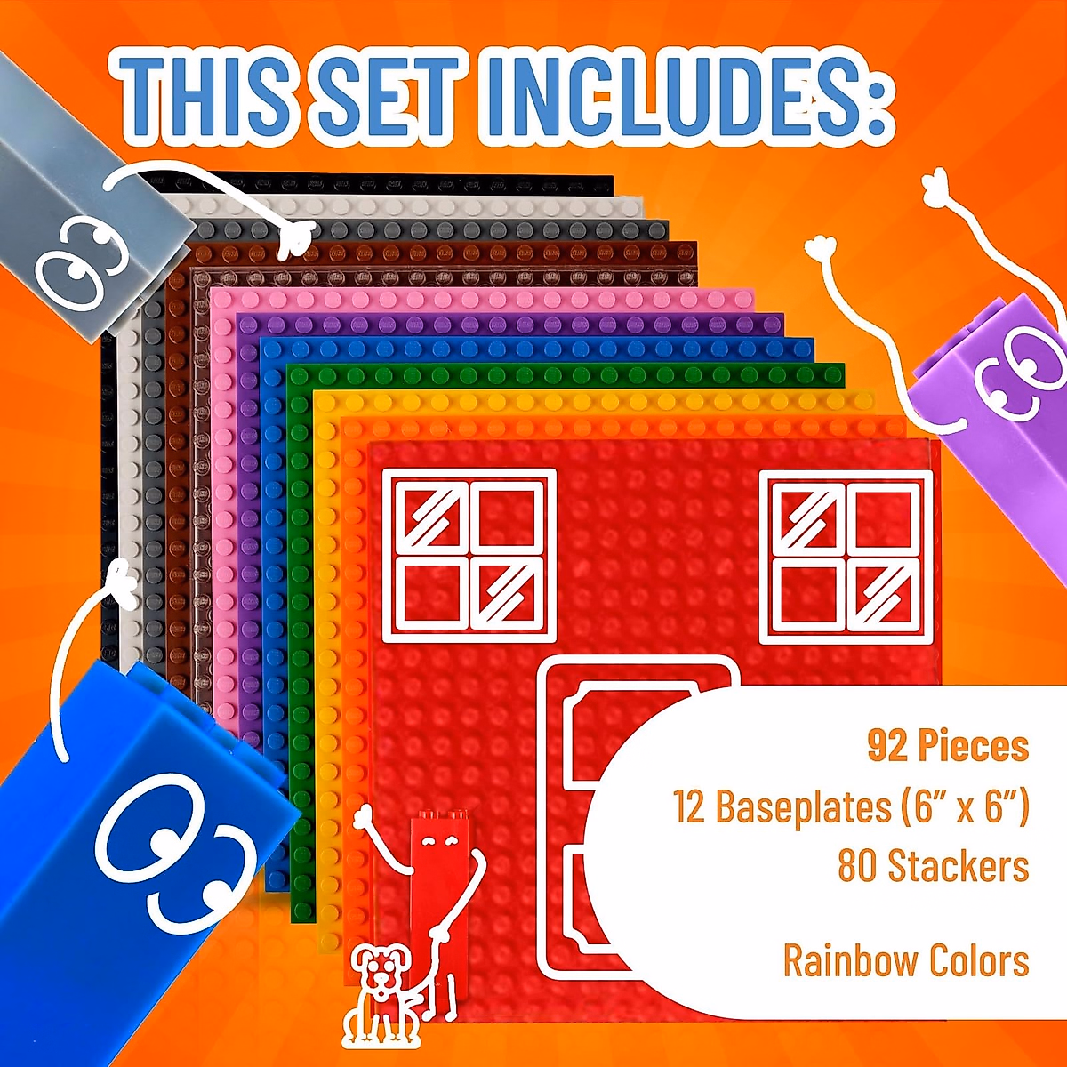 Strictly Briks Stackable Base Plates Lego Compatible - Stackable Rainbow Building Bricks for Towers, Shelves & More - 12 Base Plates & 80 Stackers - 6x6 Inches