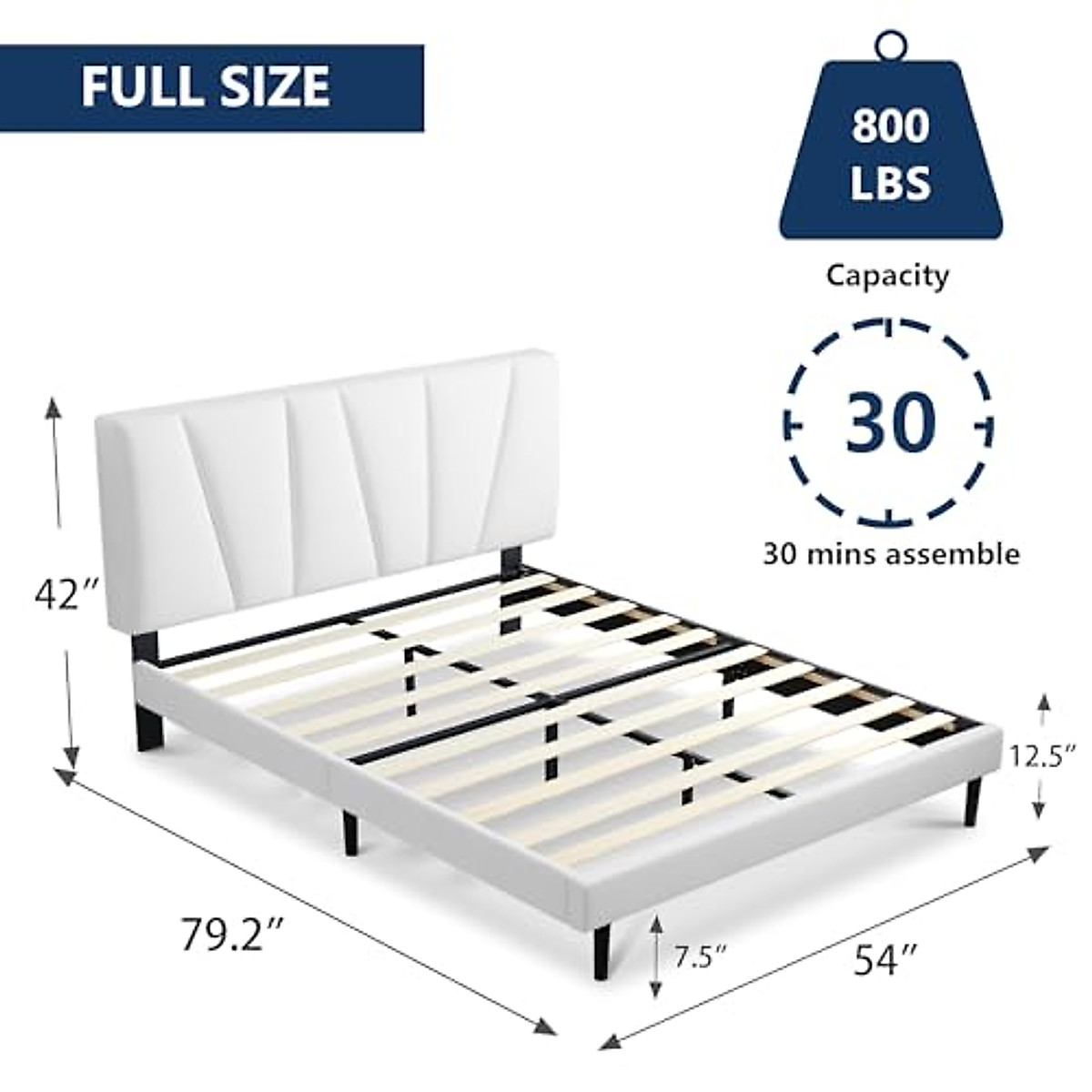 Molblly Full Bed Frame Upholstered Platform with Headboard and Strong Wooden Slats, Strong Weight Capacity, Non-Slip and Noiseless,No Box Spring Needed, Easy Assembly,Light White