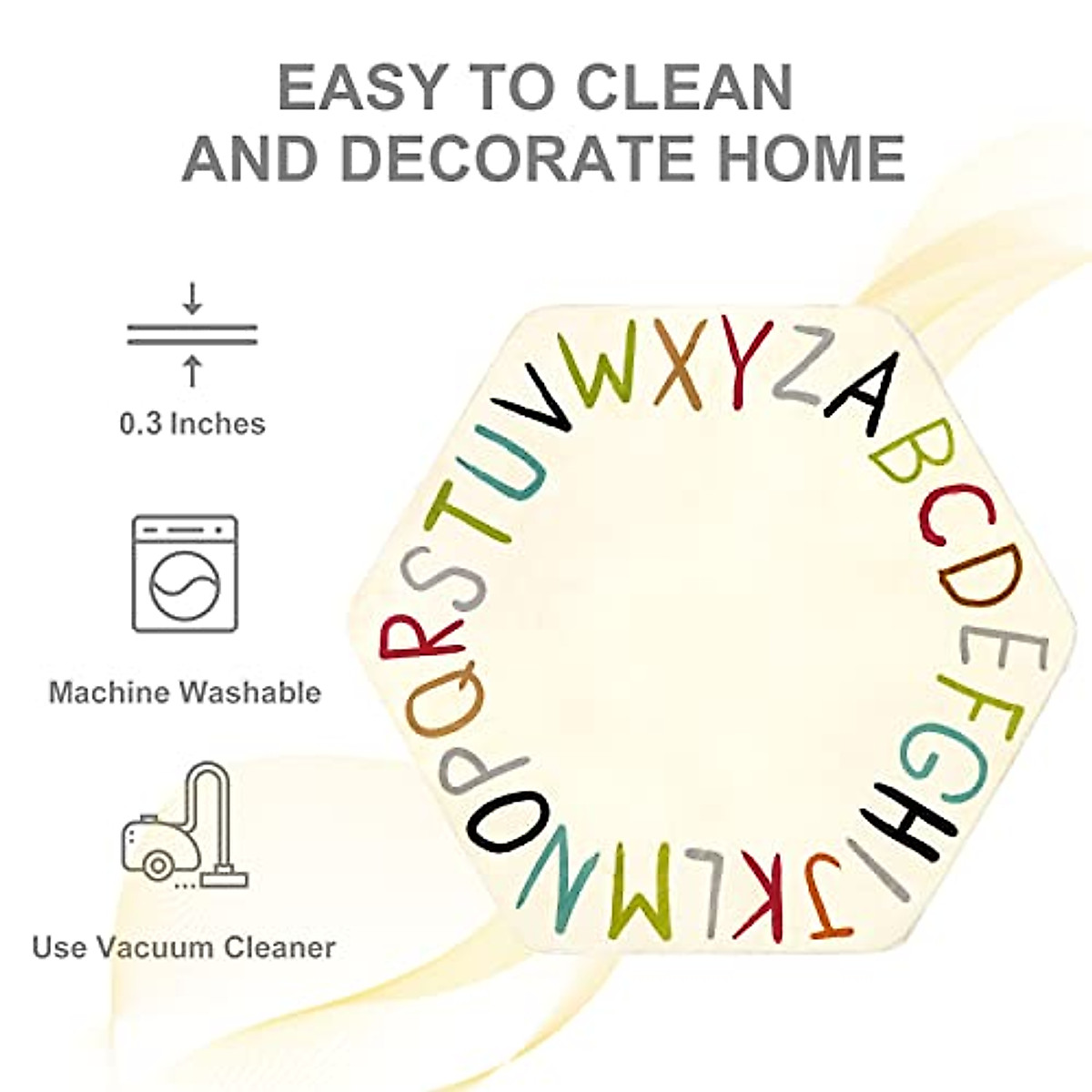 STARUIA Colorful ABC Kids Rug Play Mat for Playroom, 55"x47" Hexagon Washable Nursery Rug for Boys Girls Bedroom, Non-Slip Educational Rainbow Carpet for Classroom Reading Room