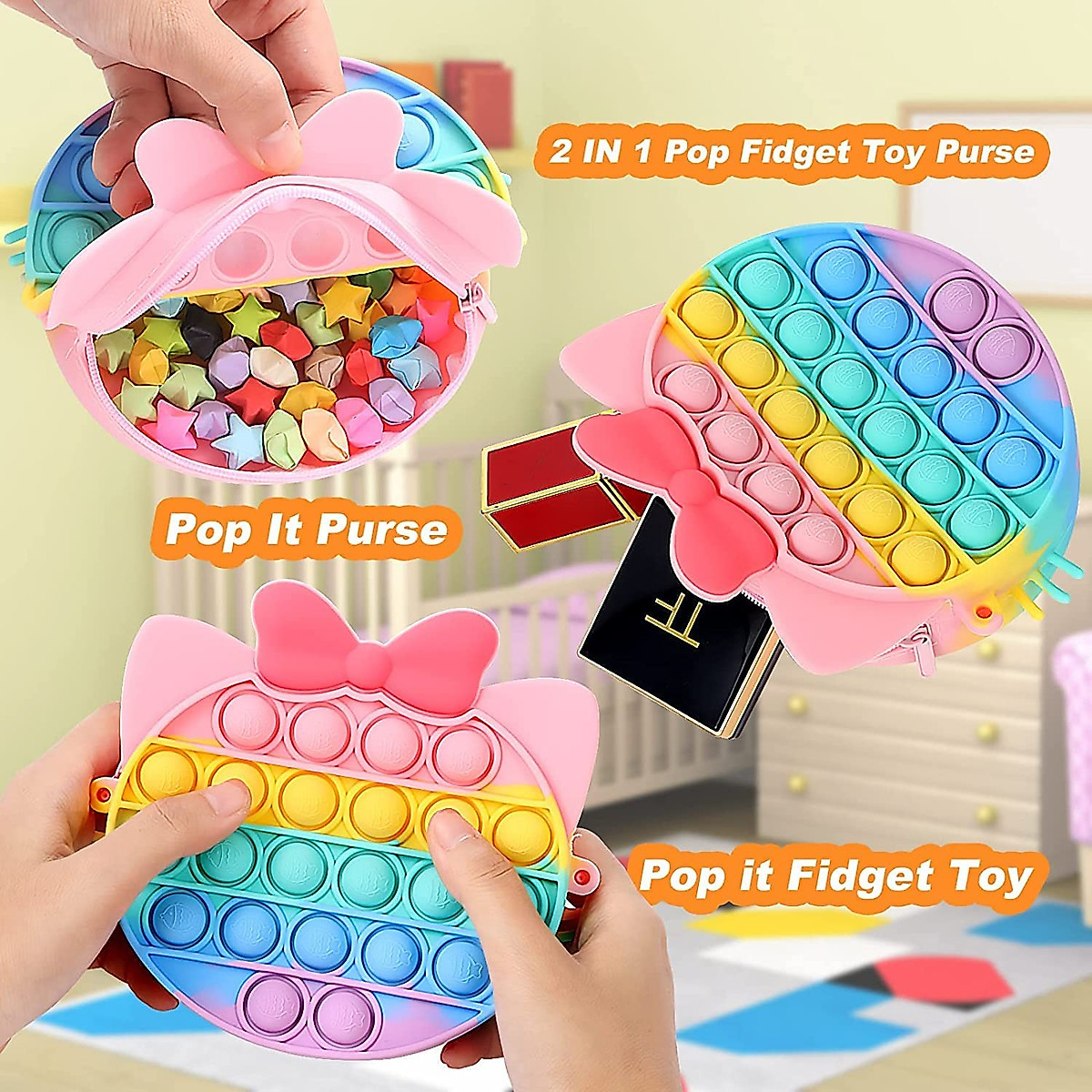 Pretty Cute Coin Purse Push Pop Bubble Purse Handbags, Fidget Toy Crossbody-Bag, Rainbow Silicone Sensory Toys Messenger Bag with Adjustable Shoulder Strap for Grils Kids and Aldults(Kitty cat)