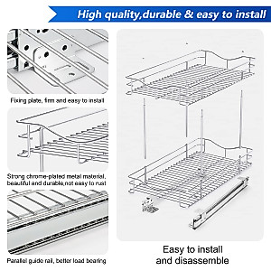Fulgente Chrome Finish Pull Out Drawer Cabinet Organizer, Professional Wire Frame 2 Tier Heavy Duty Slide Out Kitchen Cabinet Storage Shelves, Sliding Pantry Shelf Bathroom 11"W x 21"D x 15.12''H