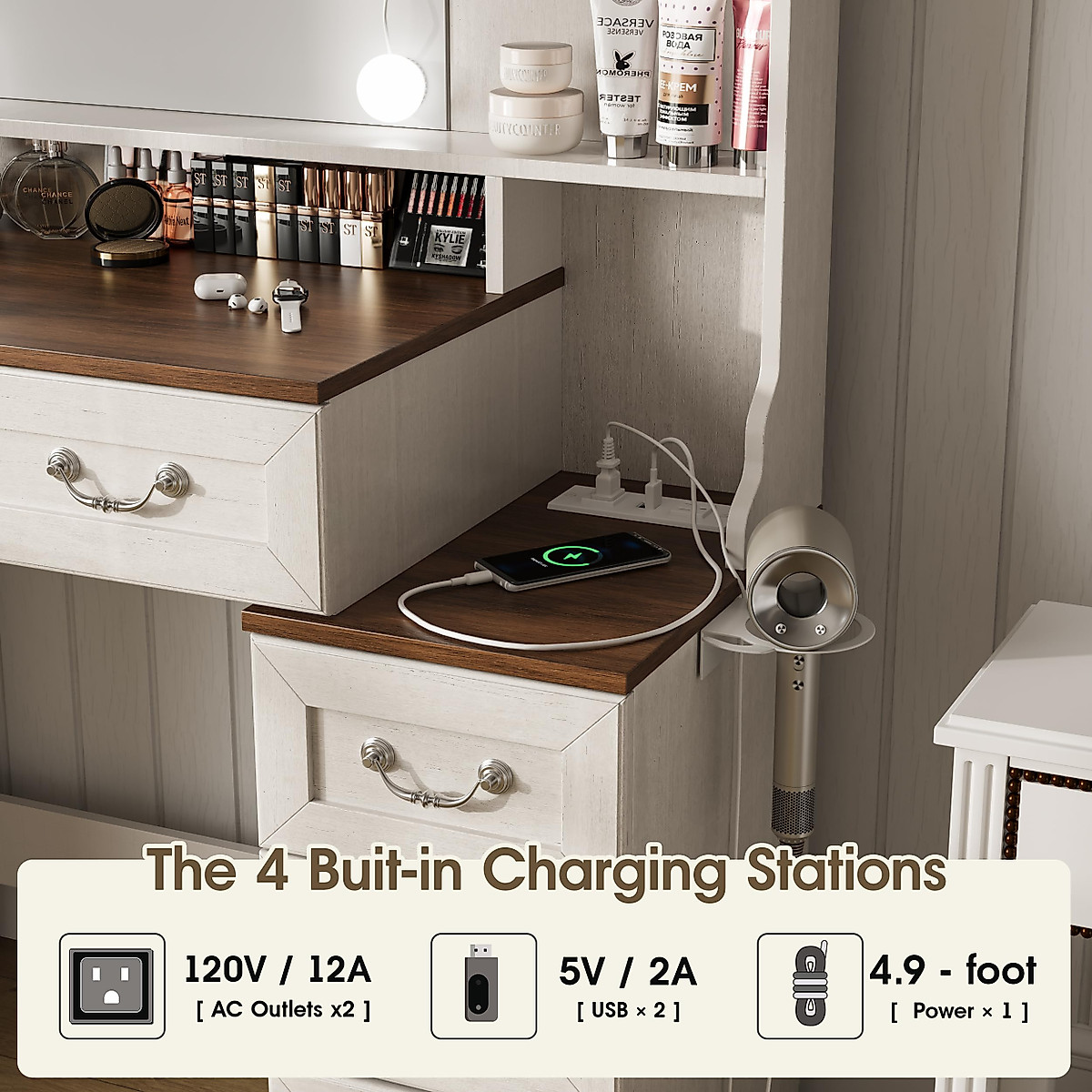 Fameill Vanity Desk with Mirror, Farmhouse Makeup Vanity Desk with Lights, White Makeup Vanity Table with 7 Drawers & 2 Cabinets, 4 Charging Stations, 10 Detachable Light Bulbs