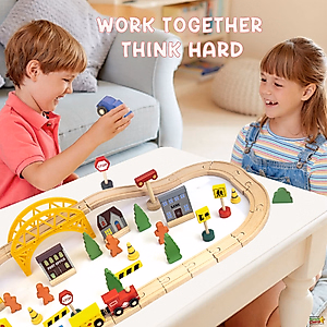 60Pcs Train Set for 3 Year Old Boys, Double-Side Wooden Train Set Tracks for Toddlers, Fits Brio, Thomas, Melissa and Doug, Kids Wood Train Toys for 3 4 5 Year Old Boys and Girls (Gray)
